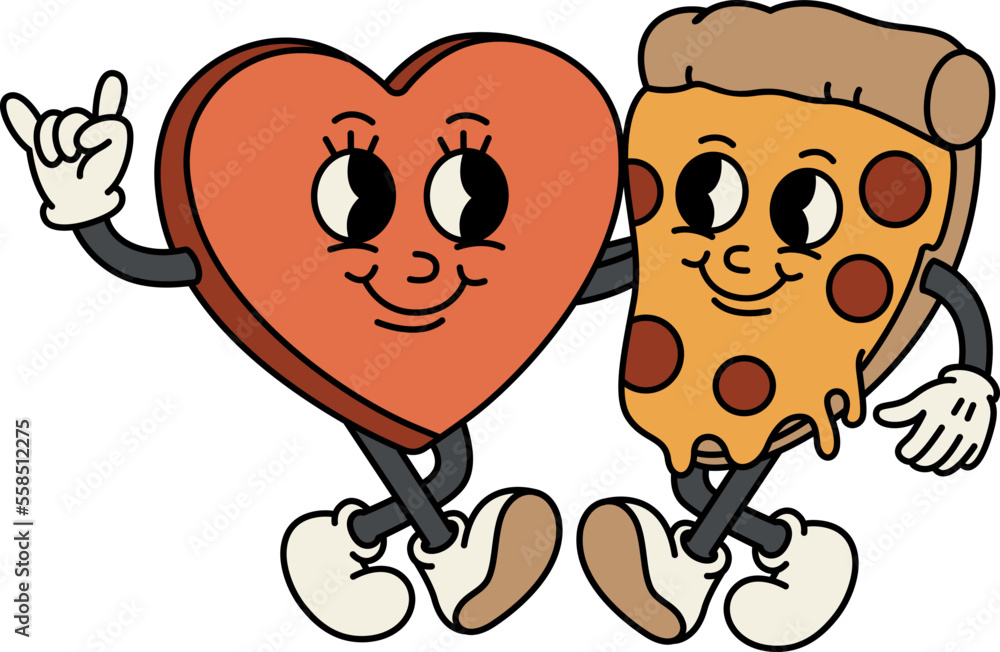 A slice of pizza and a candy heart are hugging together. Happy and ...