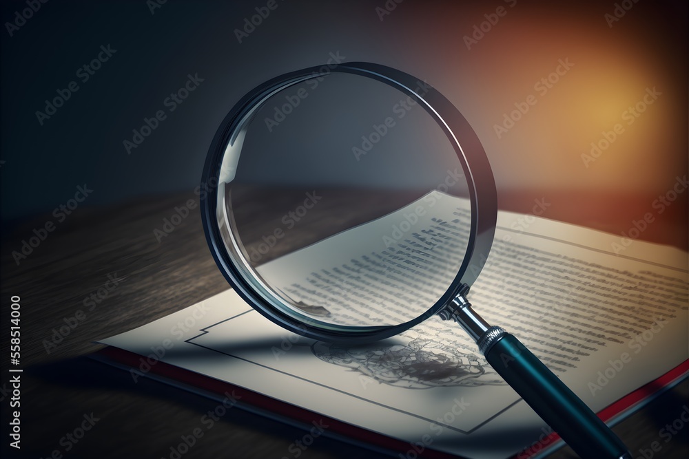 Magnifying glass focus to contract, attention to read, signature. Stock ...