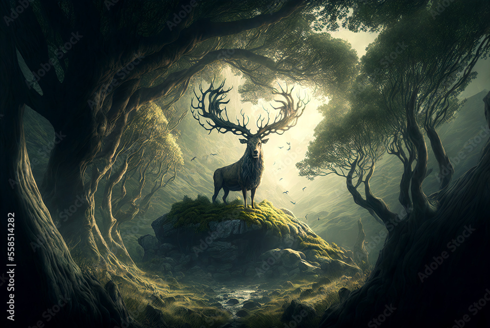 Fantasy forest with mythical beast scene AI Generative Stock ...