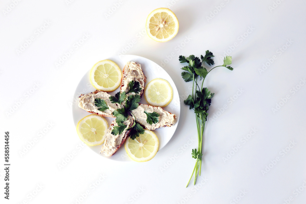 Overhead view of food served in plate over white background Stock Photo ...