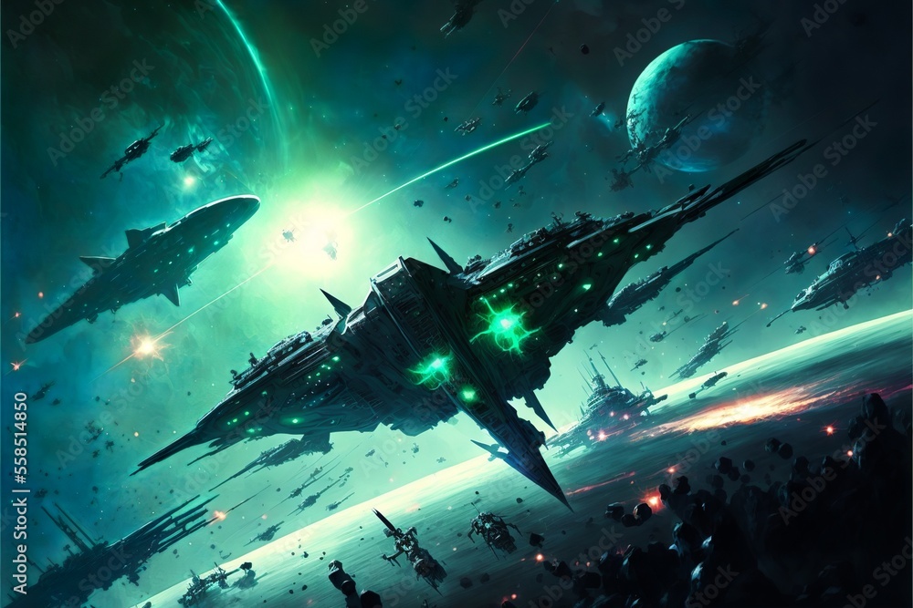 ภาพประกอบสต็อก Sci-fi space battle scenery with capital ships and ...