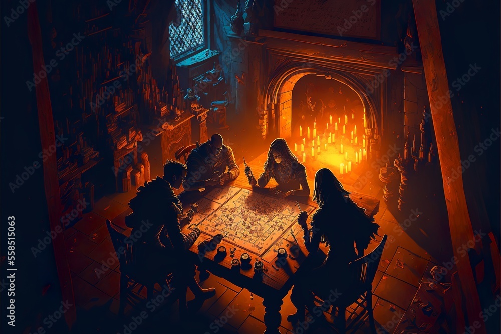Roleplaying scenery in fantasy dungeon interior with characters playing ...