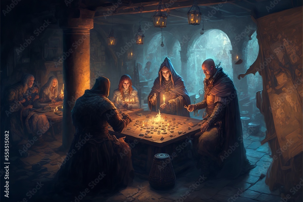 Roleplaying scenery in fantasy dungeon interior with characters playing ...