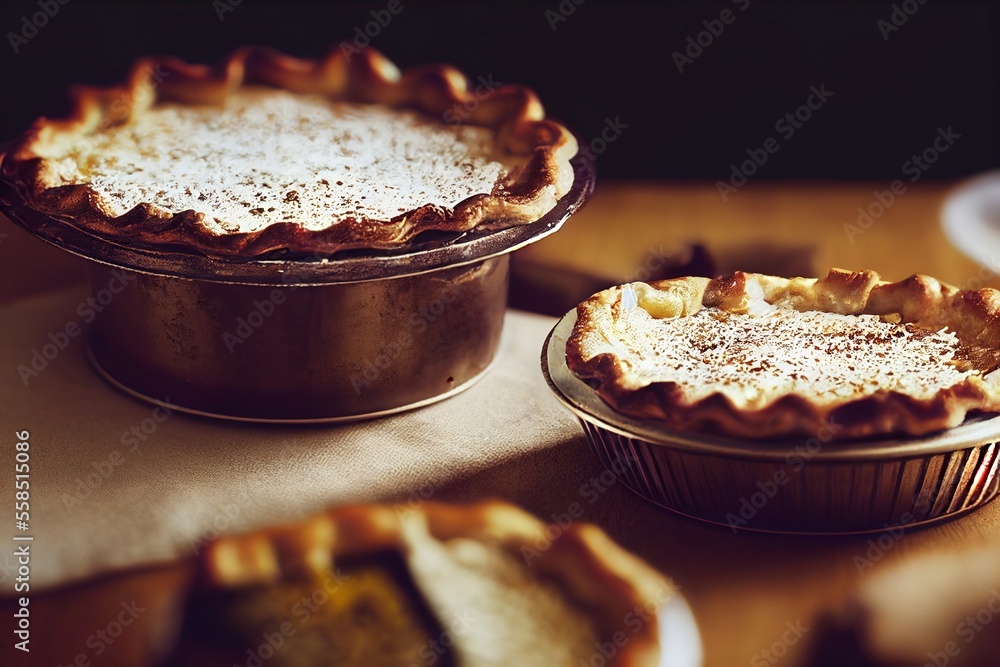 2 pies on a wood kitchen table. horizontal format. a.i photorealistic ...