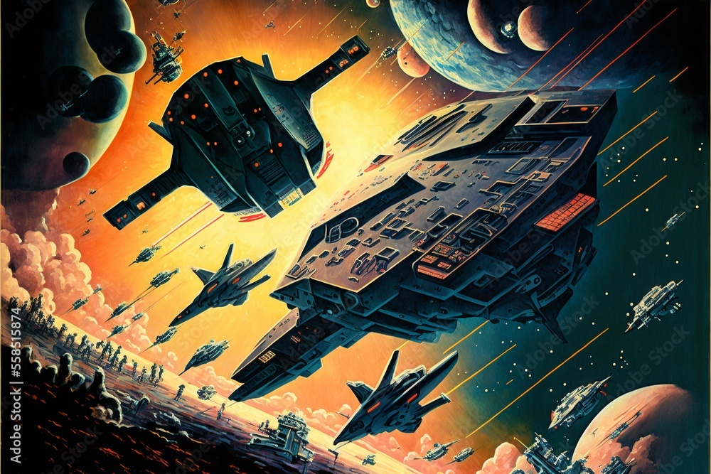 Retrofuturistic sci-fi battleships and starships in space fighting for ...