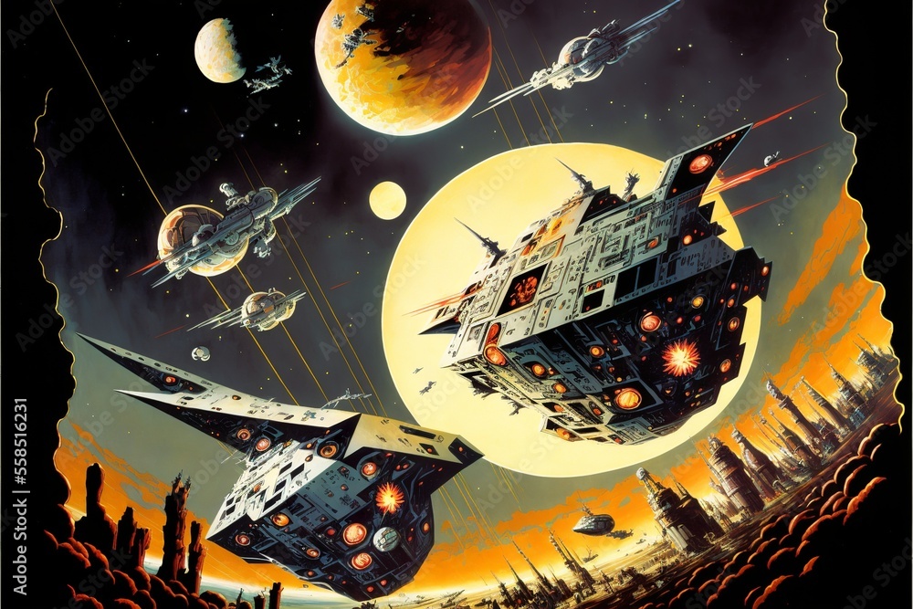 Retro sci-fi space fleet battle next to a solar system vintage ...