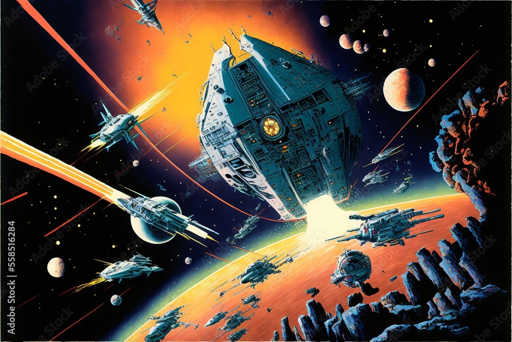 Retro sci-fi space fleet battle next to a solar system vintage fantastic magazine cover Stock ...