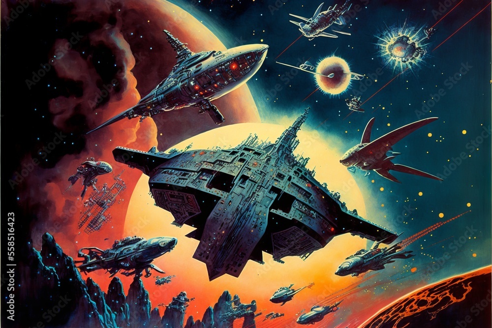 Retro sci-fi space fleet battle next to a solar system vintage ...