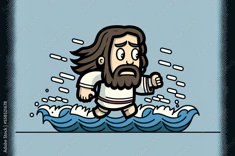 cartoon representation of Jesus Christ walking over water. Illustration ...