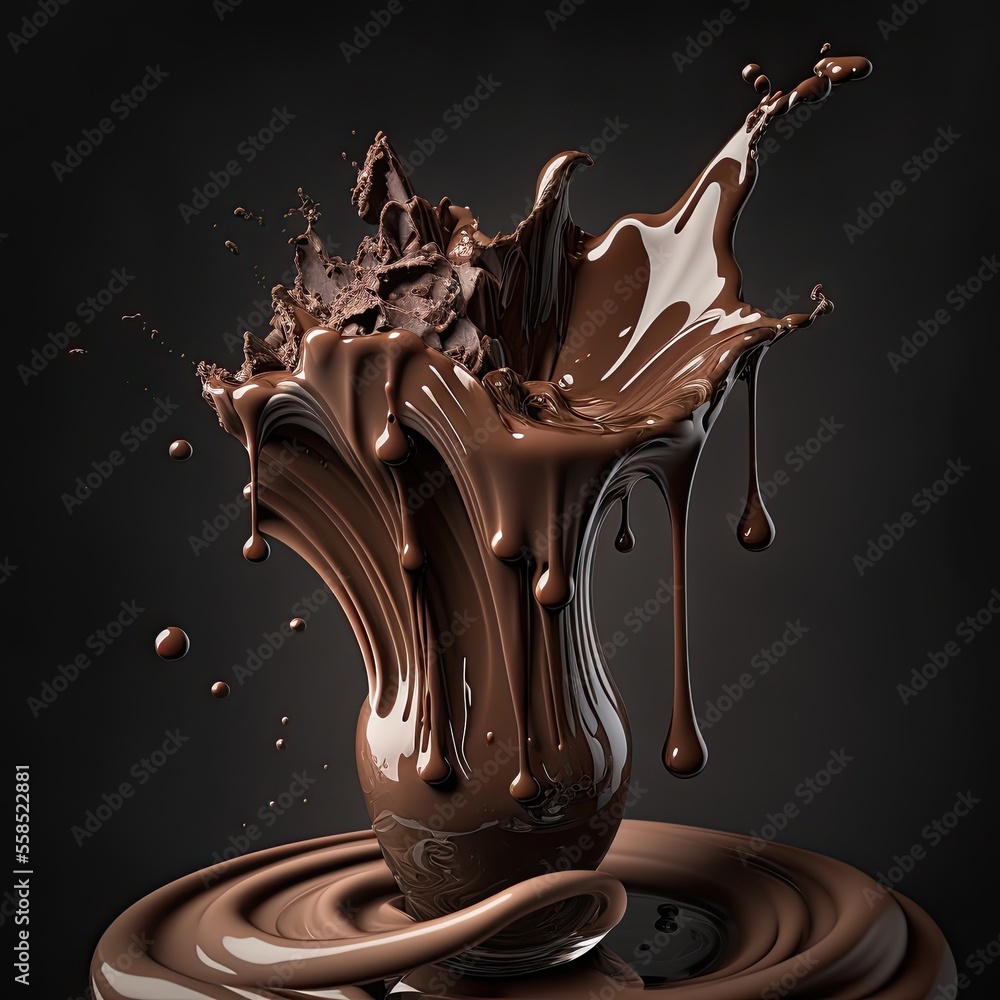Hot melted chocolate splashing splash into liquid chocolate cream melt ...