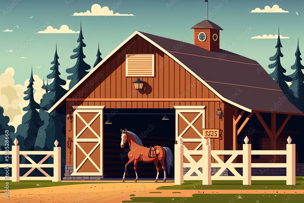 Equine facility for stallions and horses. Stall within a wooden barn ...