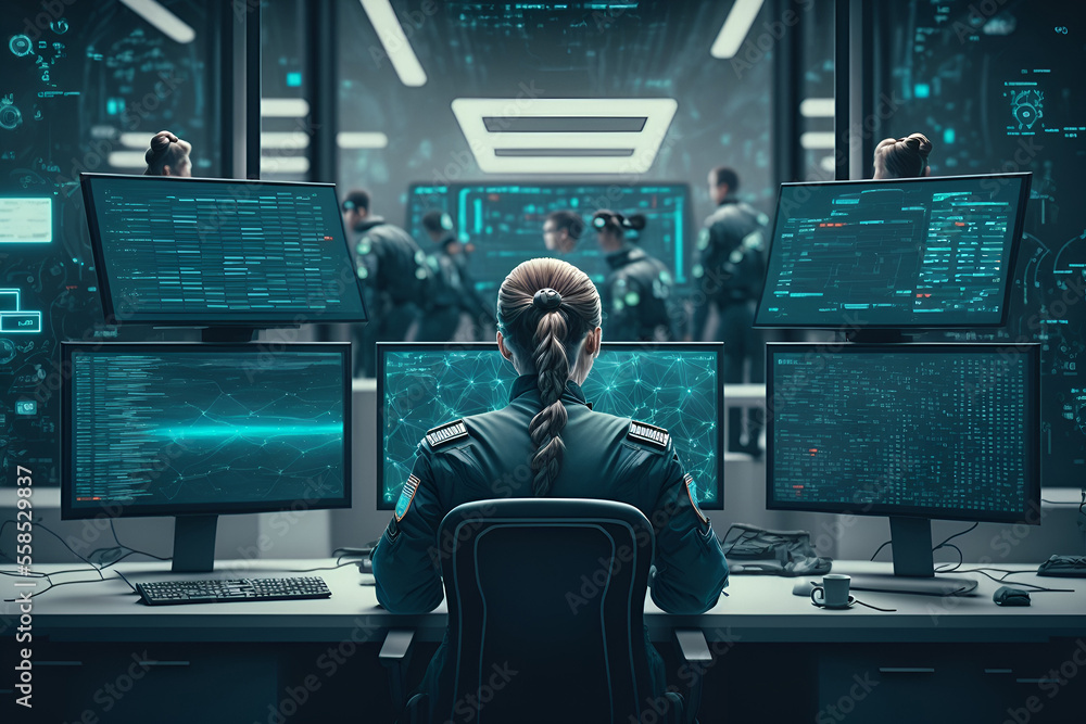 Control room, back view of a female software developer, hacker, dark hair, outfit, blue theme ...