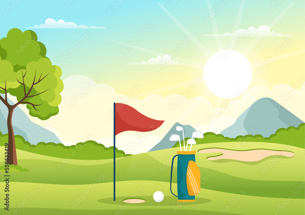 Golf Sport Illustration with Flags, Cart, Sticks, Green Field and Sand ...