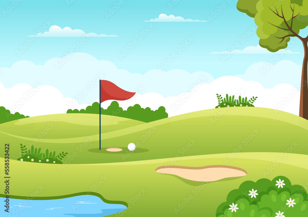 Golf Sport Illustration with Flags, Cart, Sticks, Green Field and Sand ...