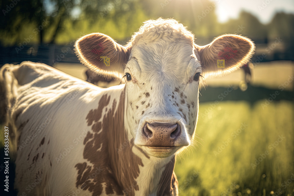 Cute young cow in the summertime on a farm. Generative AI Stock ...