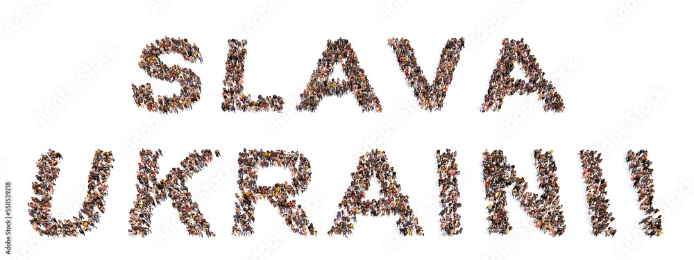 Concept or conceptual large community of people forming SLAVA UKRAINI ...