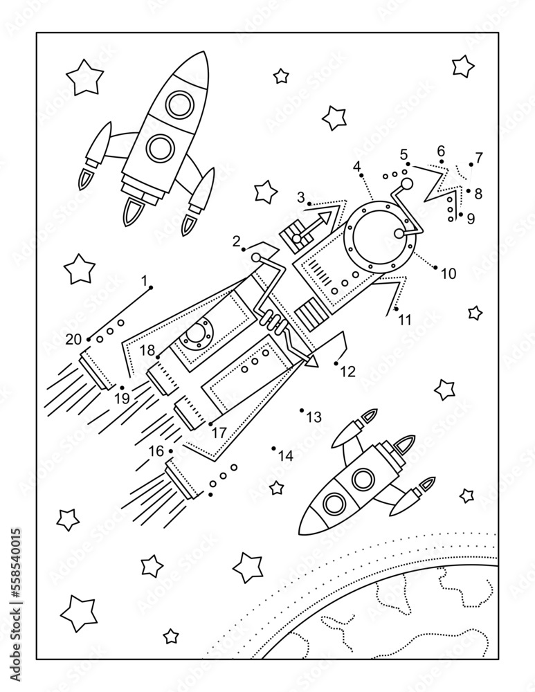 Transportation in outer space. Rockets or spaceships dot-to-dot picture ...