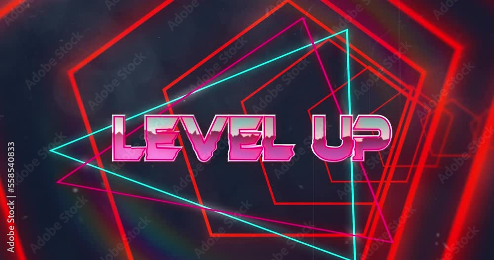 Vidéo Stock Animation of level up text over neon shapes on black ...