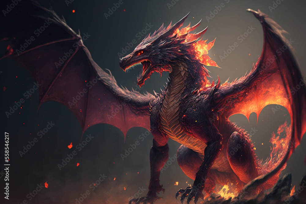 Fire breathes explode from a giant dragon in a black night, the epic ...