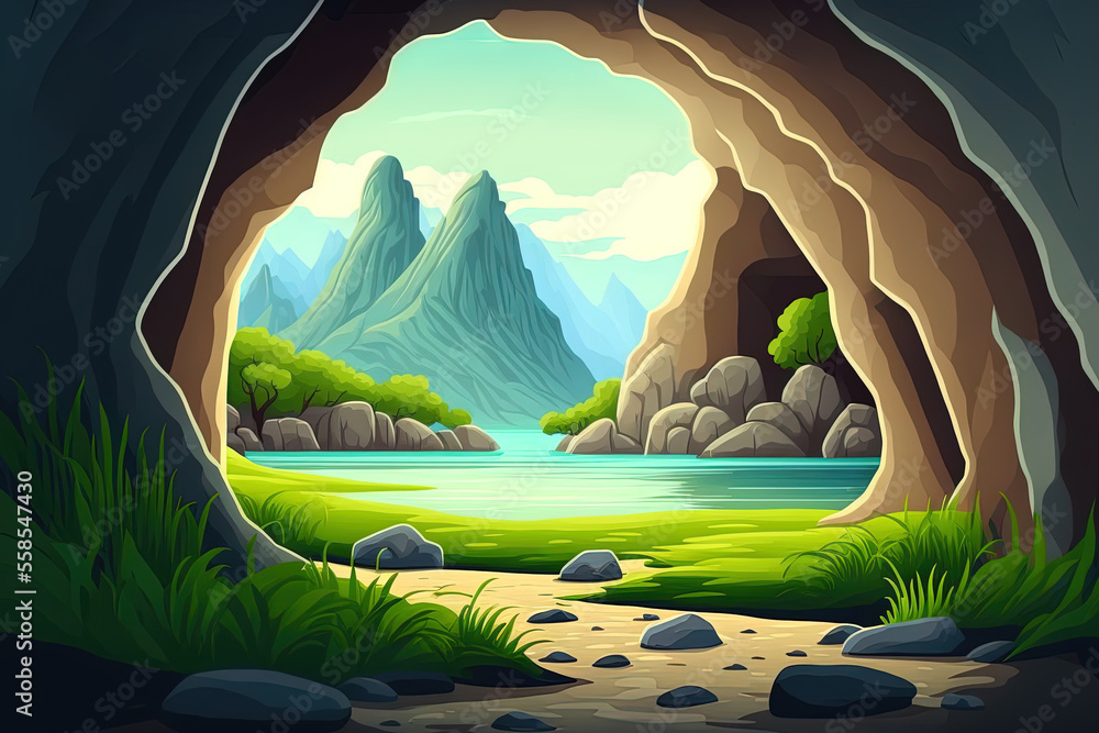 Mountain cave entrance, surrounded by a panorama of lush grass, a river ...