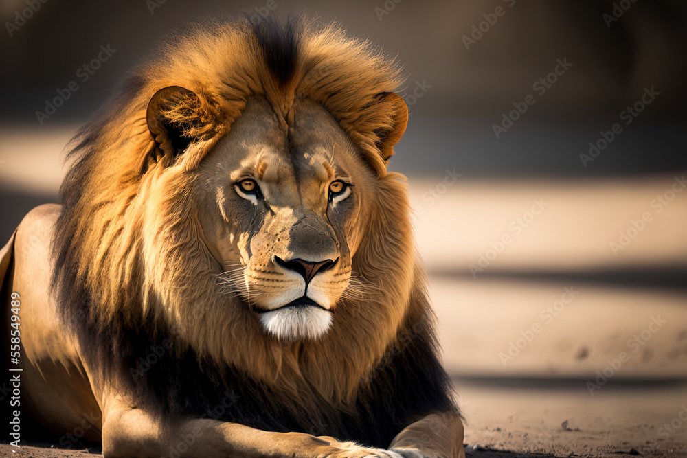 Lion resting on the ground and gazing in the direction of. Generative ...