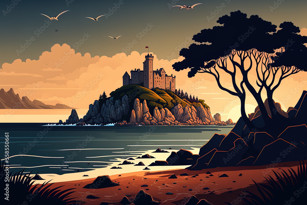 Early dawn, medieval castle on an island in the sea. Generative AI ...