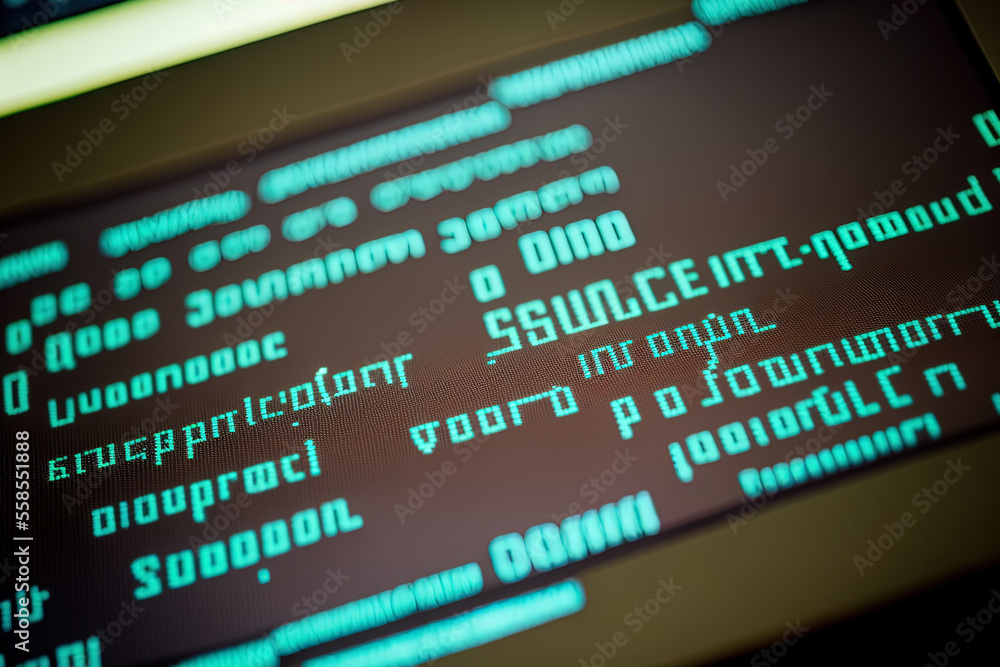 macro photo of computer screen with program source code and highlighted spyware inscription in ...
