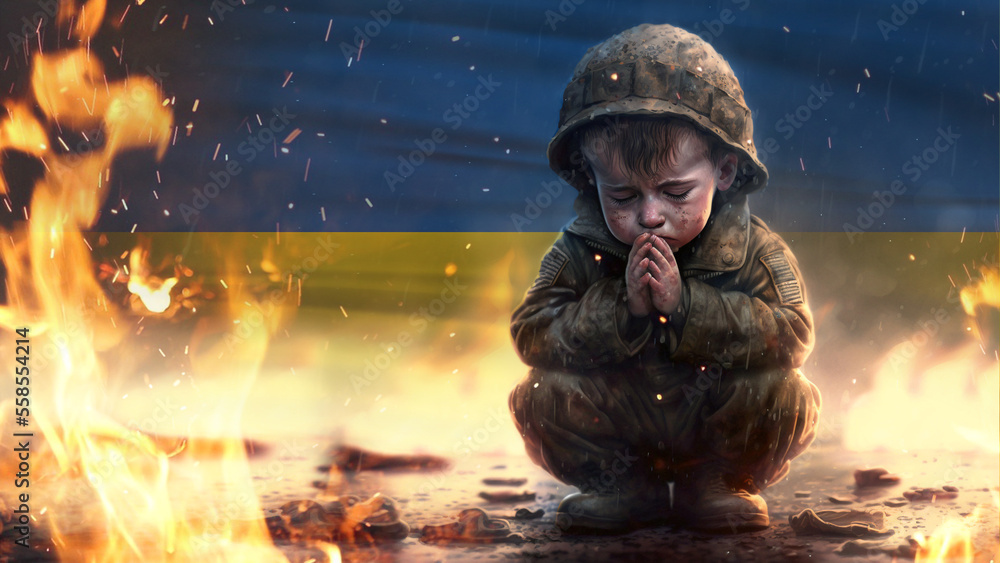 child soldier crying and praying for the end of the war in ukraine ...