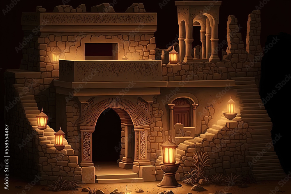 An old stone and clay building with lights, candles, and torches is ...
