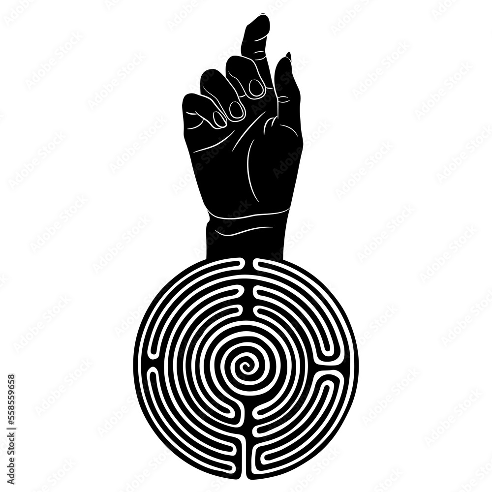 Raised up human female hand with pointing index finger emerging from a ...