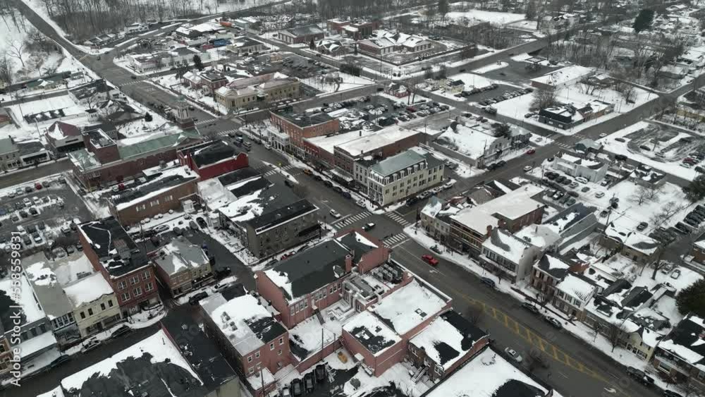 A wide, aerial view of historic downtown Lebanon, Ohio, with Broadway ...