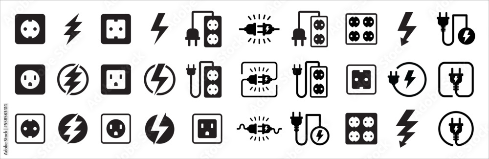 Electric power plug icon set. Electricity wire cord socket sign ...