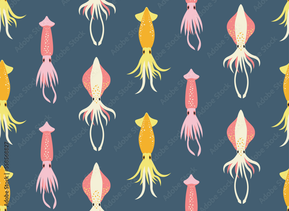Seamless patterns with different squids. Beautiful underwater world ...