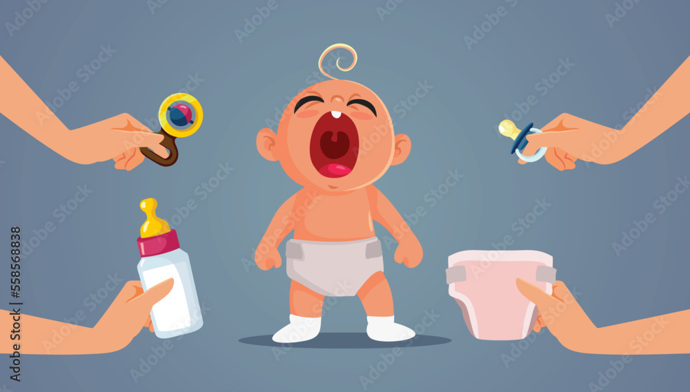 Family Relatives Guessing Why the Baby is Crying Vector Cartoon. Funny ...