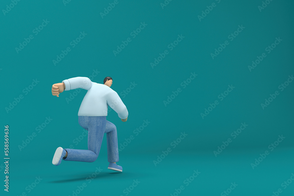 cartoon character wearing jeans and long shirt. He is running. 3d ...