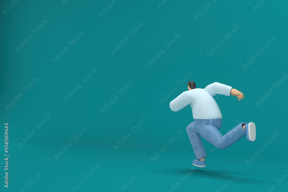 cartoon character wearing jeans and long shirt. He is running. 3d ...