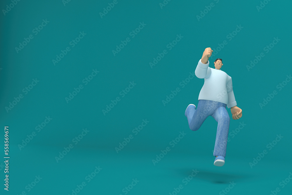 cartoon character wearing jeans and long shirt. He is running. 3d ...