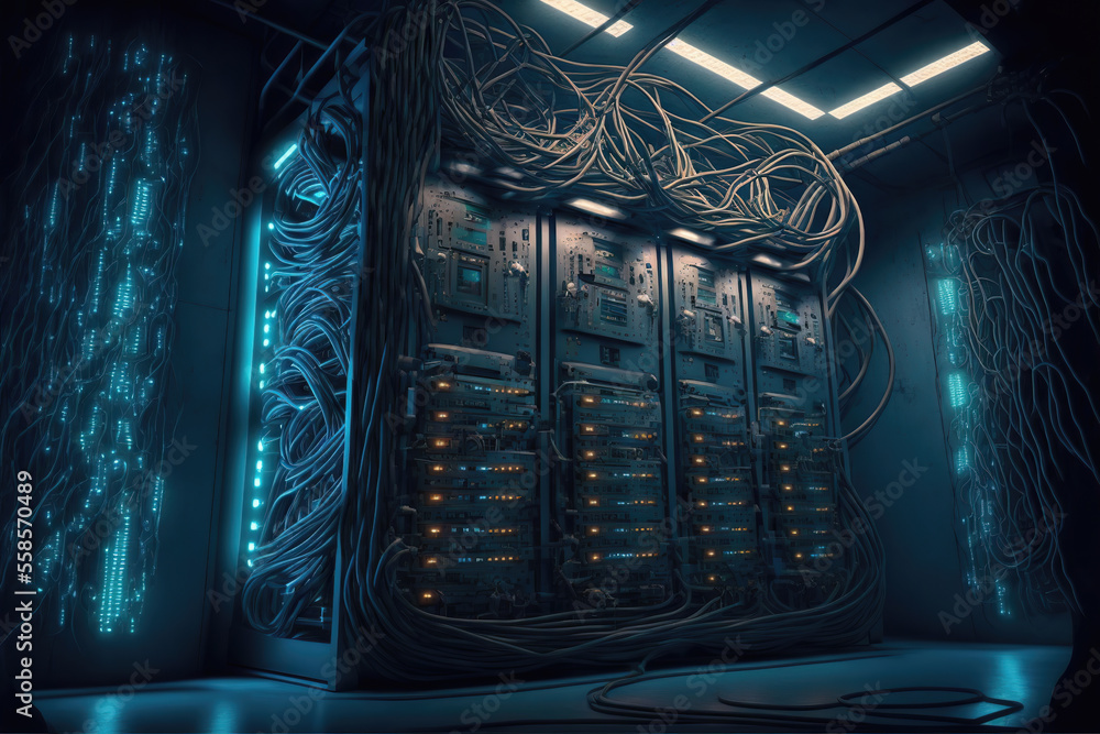 Big quantum mega computer. Computer center, fantasy cyberpunk. Wires ...