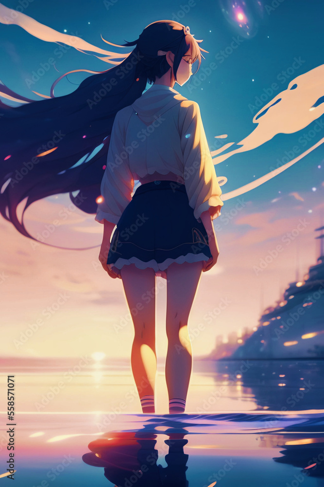 Anime girl walking on water, ripples, backdrop of dawn, illustration ...