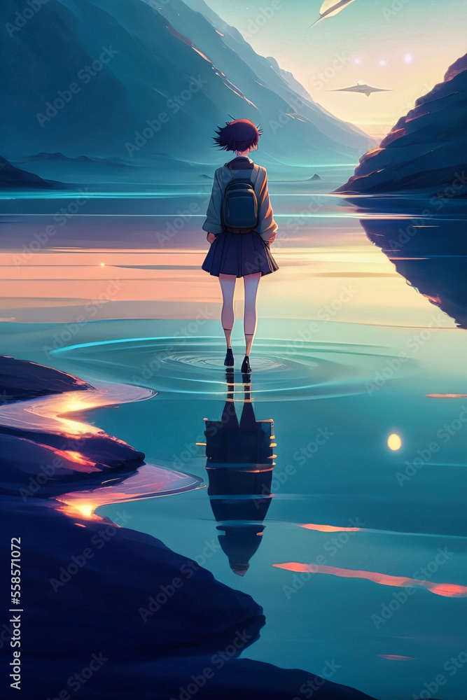 Anime girl walking on water, ripples, backdrop of dawn, illustration ...