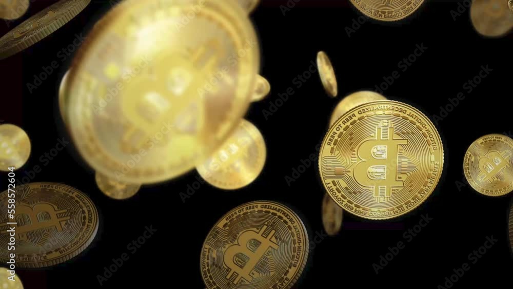 Vidéo Stock Bitcoins are falling on a black background with a depth of ...