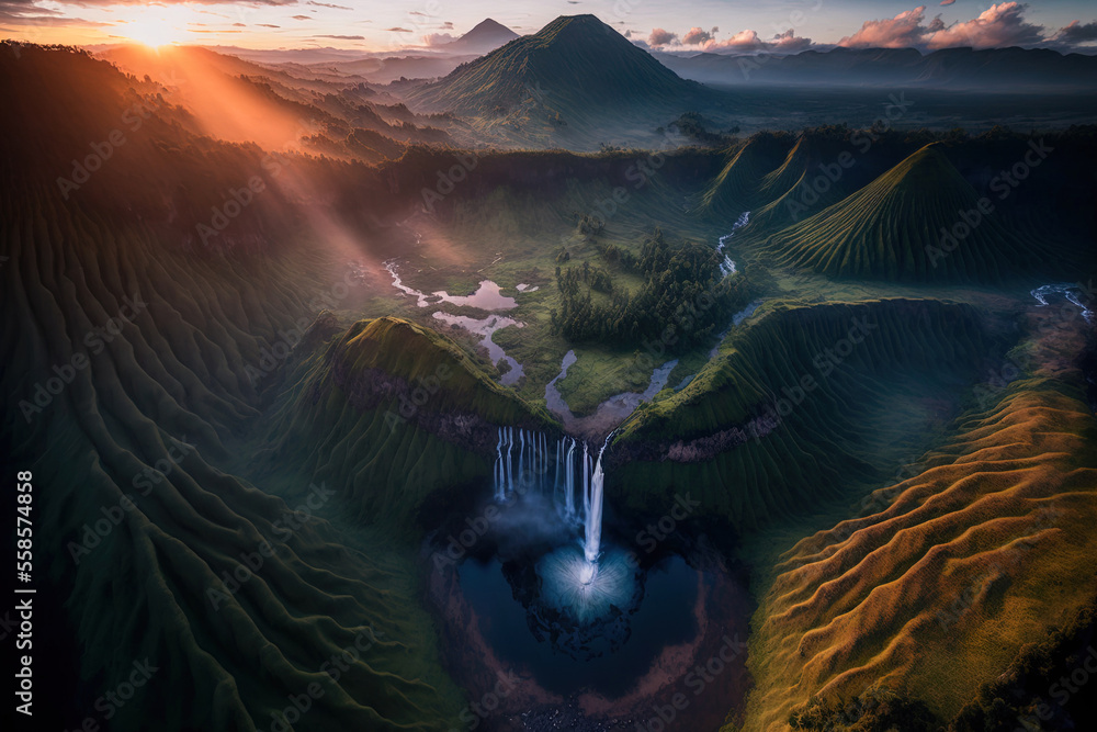 Sunrise aerial photo of East Java's Tumpak Sewu waterfall and Semeru ...