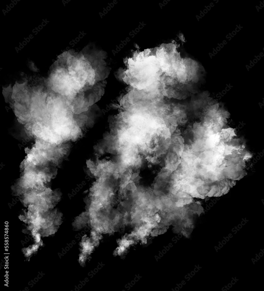Abstract white puffs of smoke swirls overlay on black background ...