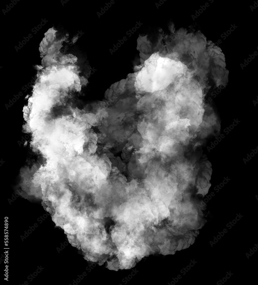 Abstract white puffs of smoke swirls overlay on black background ...