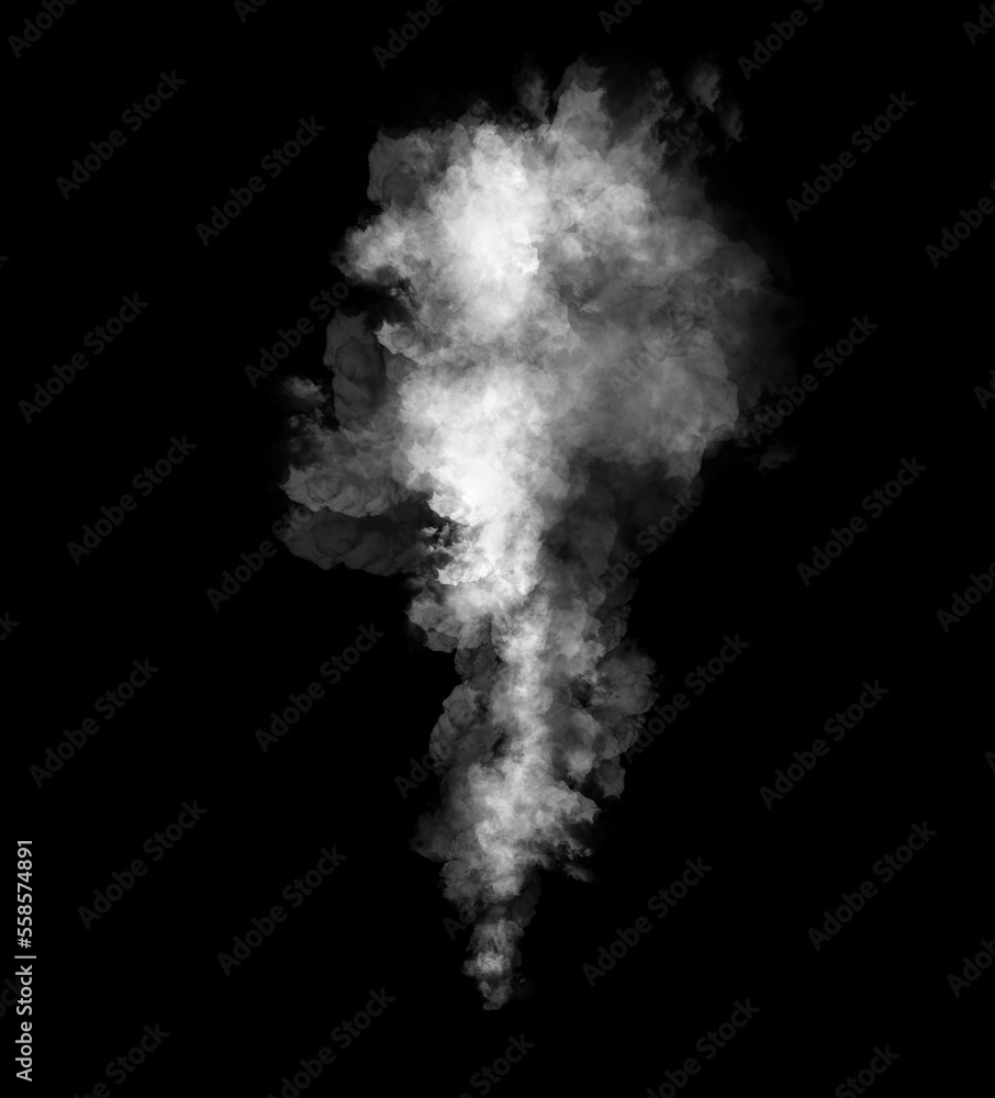 Abstract white puffs of smoke swirls overlay on black background ...