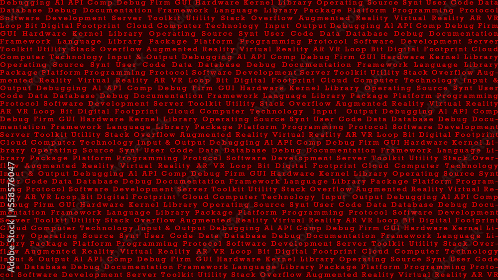 Red background with software and coding terms. Software developer and programming. Stock ...