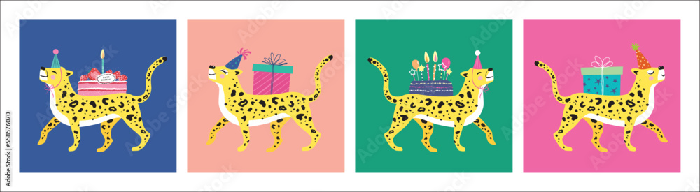 Fun party leopards with presents and cakes vector illustration. Stock ...