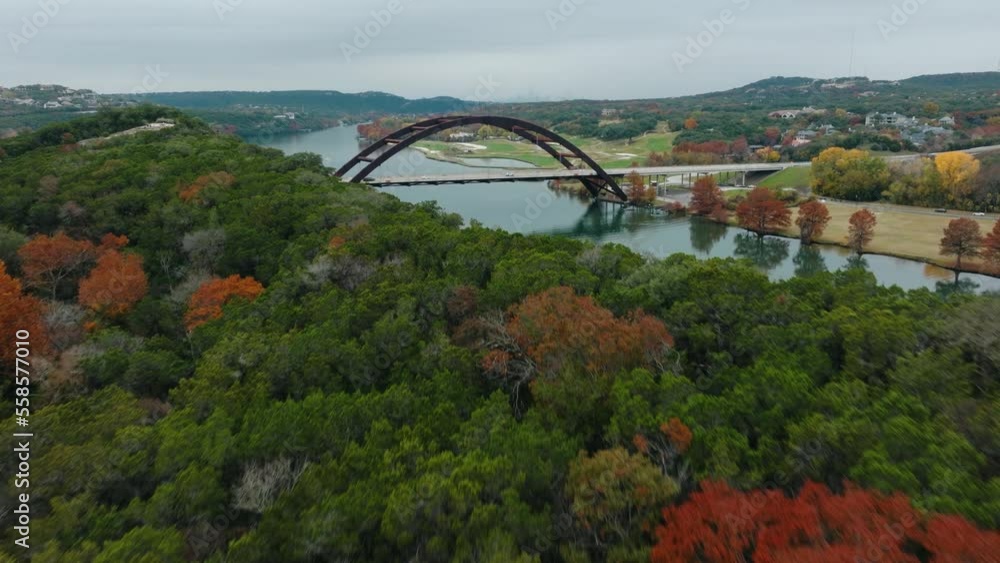 Austin, Texas 360 bridge Lake Austin drone flyover of colorful fall ...