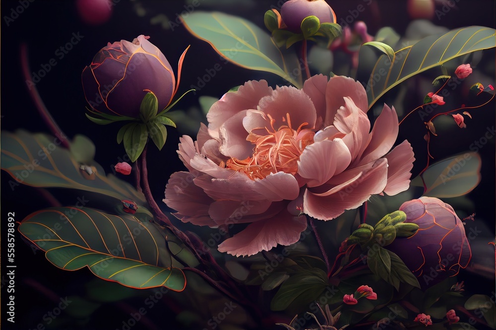 Generative AI illustration of flowers concept art. Chinese digital art ...