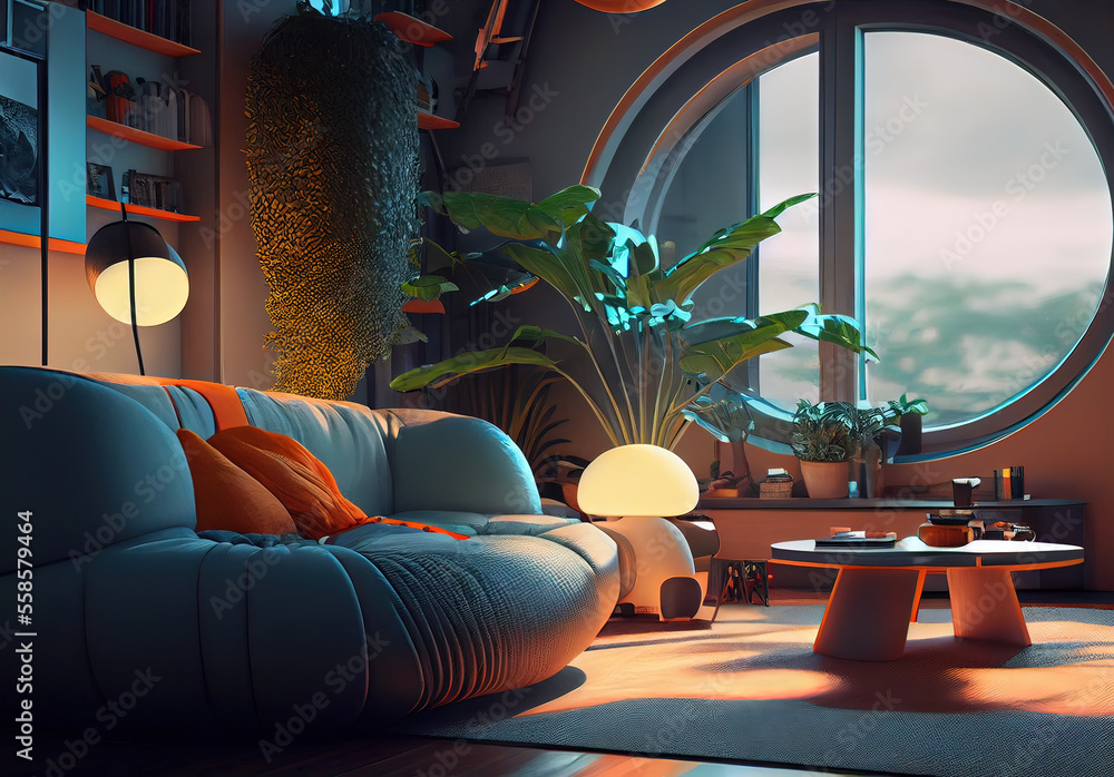 Generative AI illustration of comfy living room from the year 2050 ...